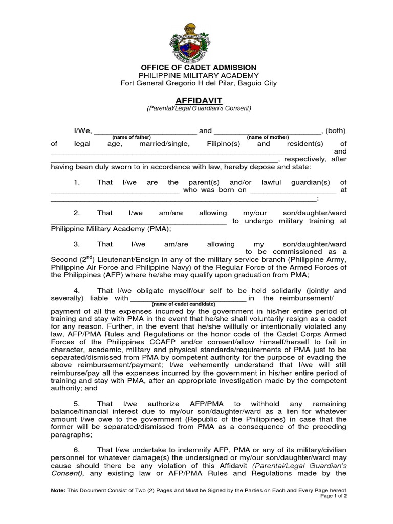 AFFIDAVIT Parental or Legal Guardian Consent | PDF | Cadet | Affidavit