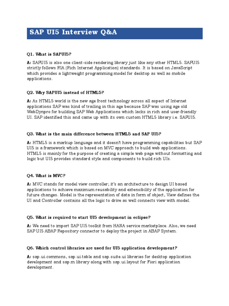 SAP UI5 Interview Q&A | Download Free PDF | Json | Model–View–Controller
