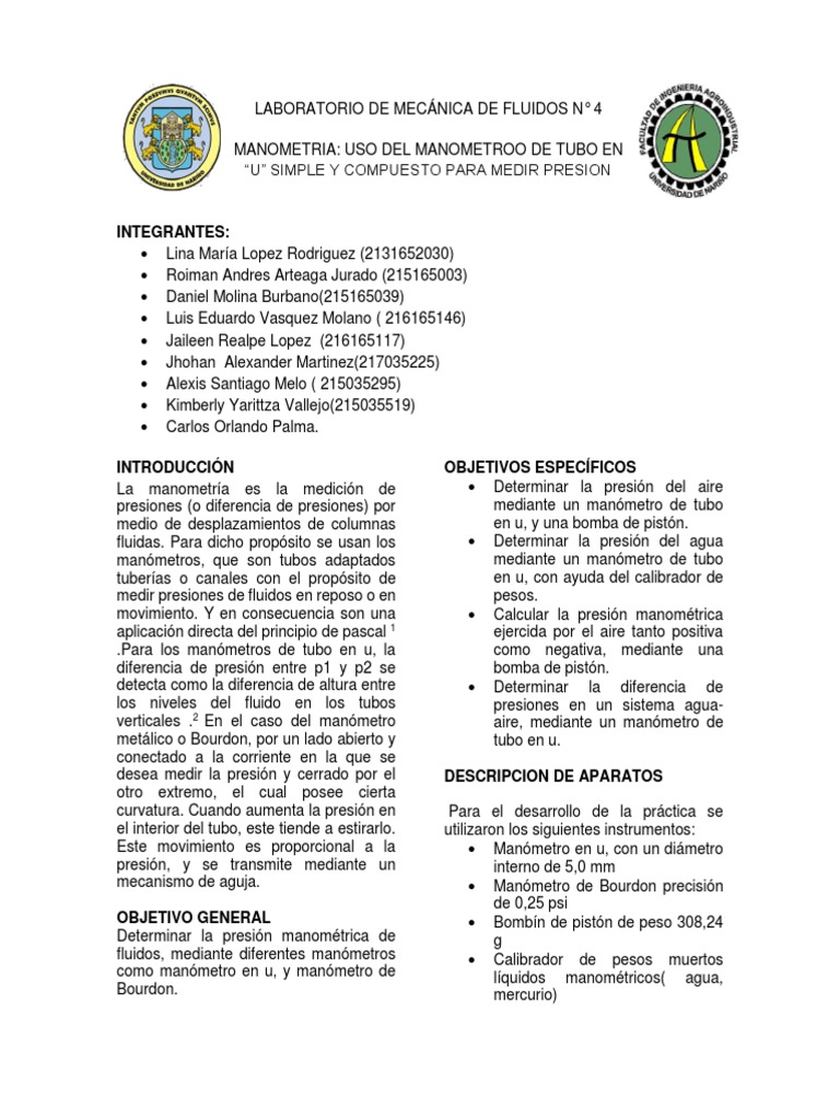 Laboratorio Fluidos Manometria | PDF | Medida de presión | Presión