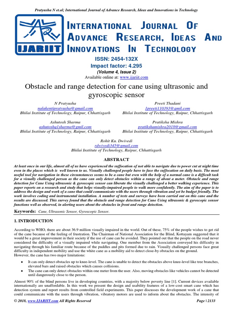 Obstacle and Range Detection For Cane Us PDF | PDF | Visual Impairment ...
