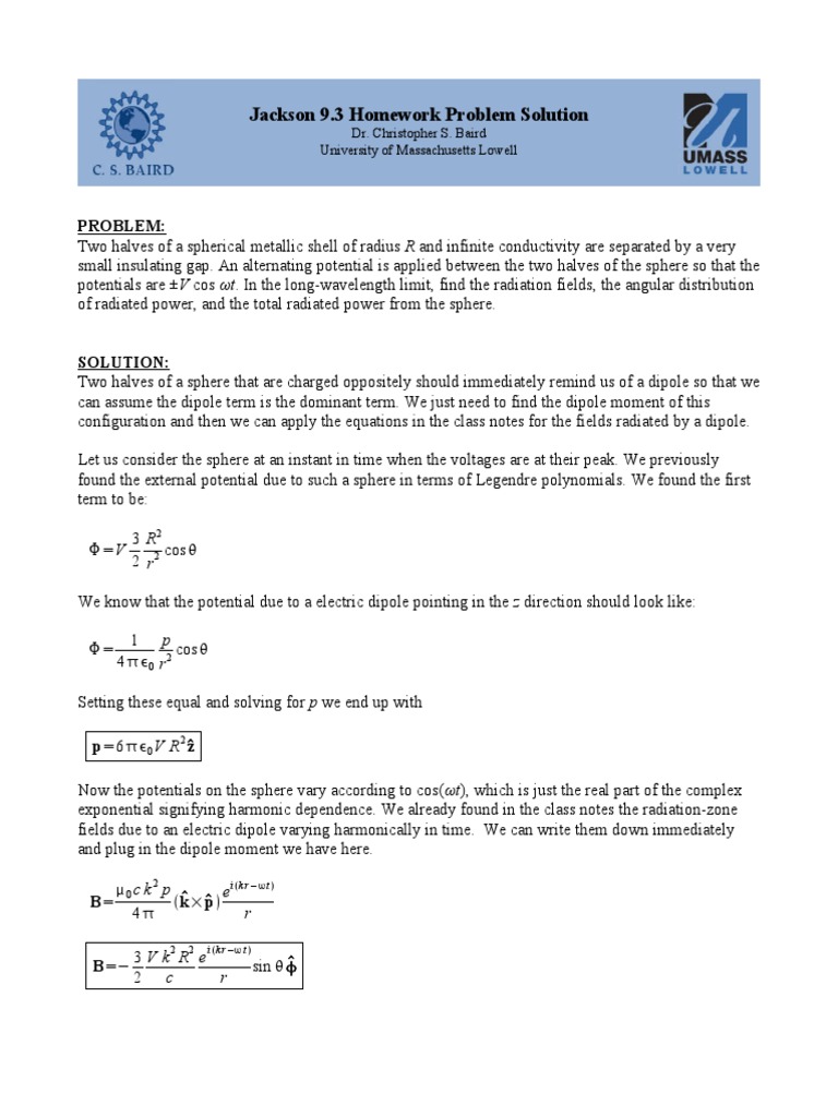 Jackson 9.3 Homework Problem Solution | PDF | Dipole | Sphere