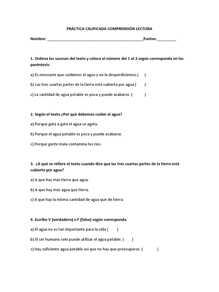 Práctica Calificada Comprensión Lectora Texto El Agua | PDF