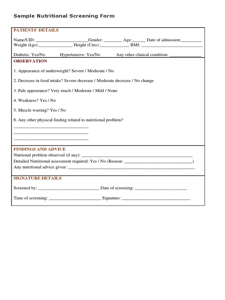 Sample Nutritional Screening Form | PDF