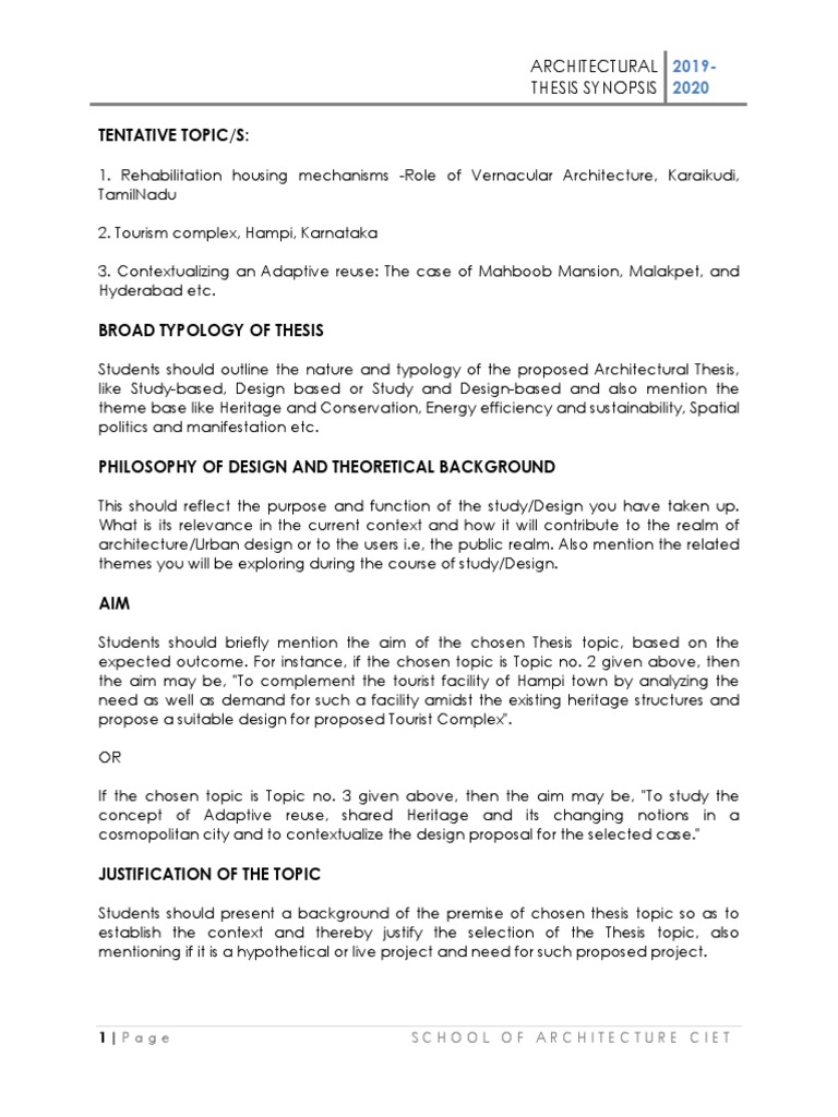 Tentative Topic/S:: Architectural Thesis Synopsis | PDF | Thesis | Case ...