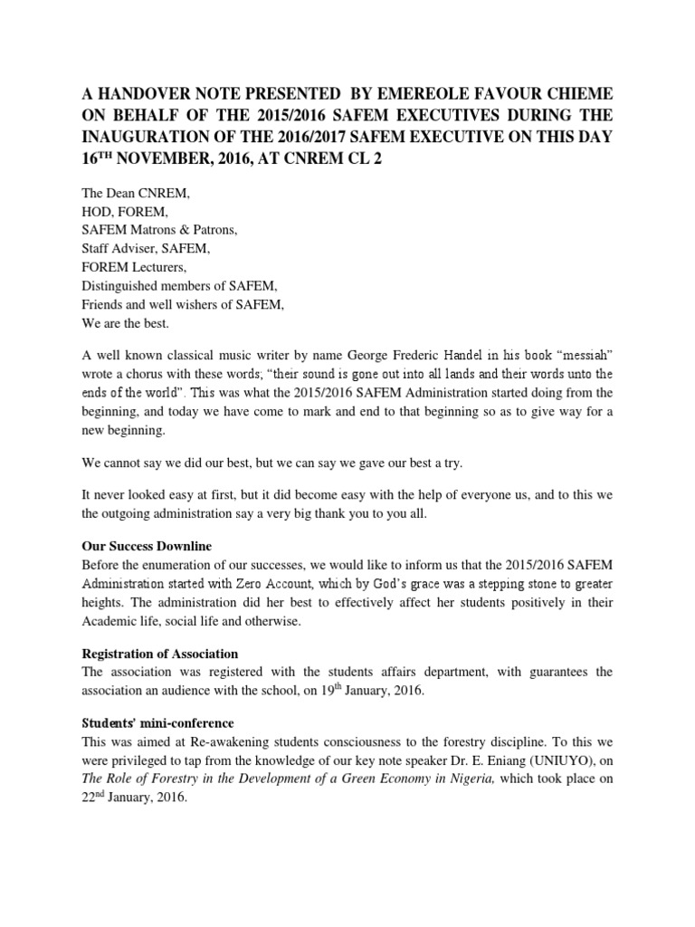 Sample of A Handover Note | PDF