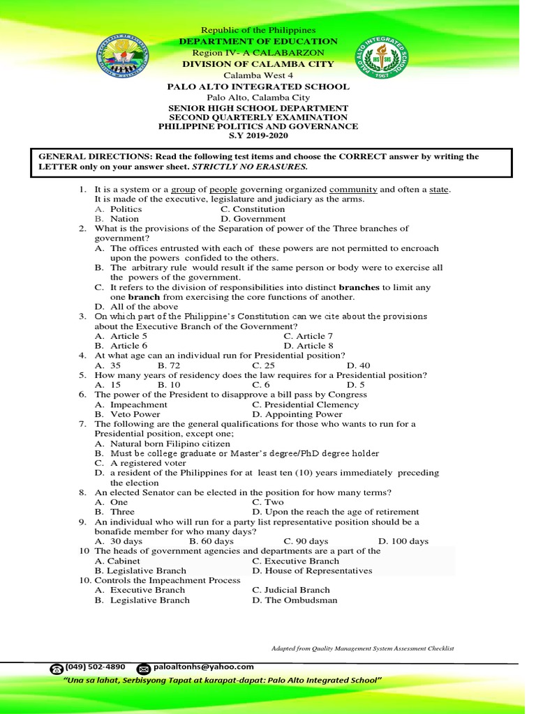 2nd Quarter Exam - PPG - TEST PAPER | PDF | Federal Government Of The ...