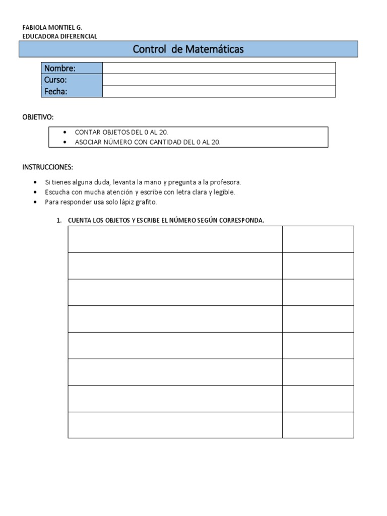 Prueba Numeros Del 0 Al 20 Conteo | PDF