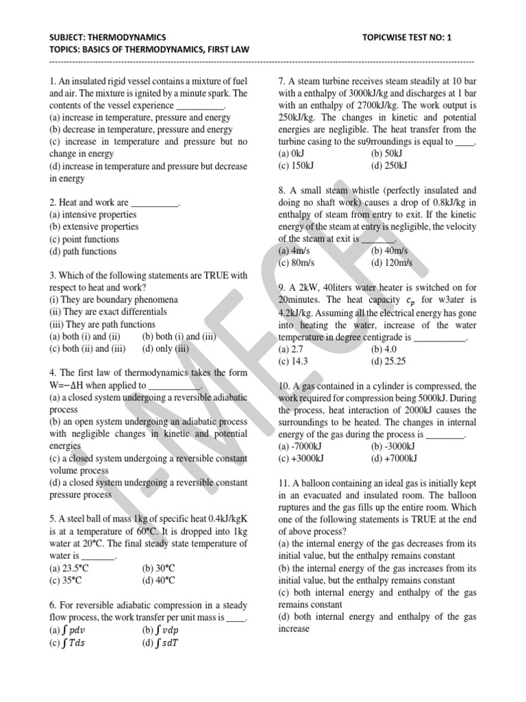 Thermodynamics Test Covering Basics of Thermodynamics and the First Law ...