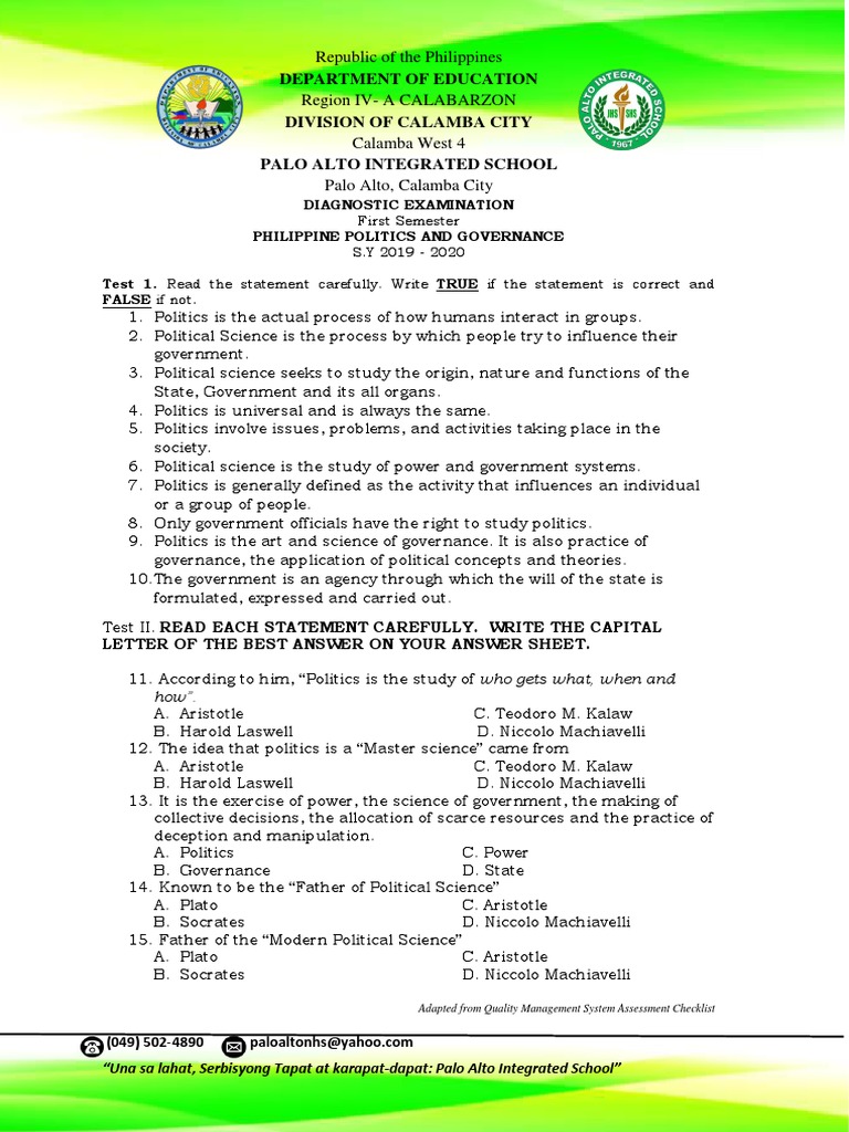 Diagnostic Exam PPG | PDF | Governance | Ideologies