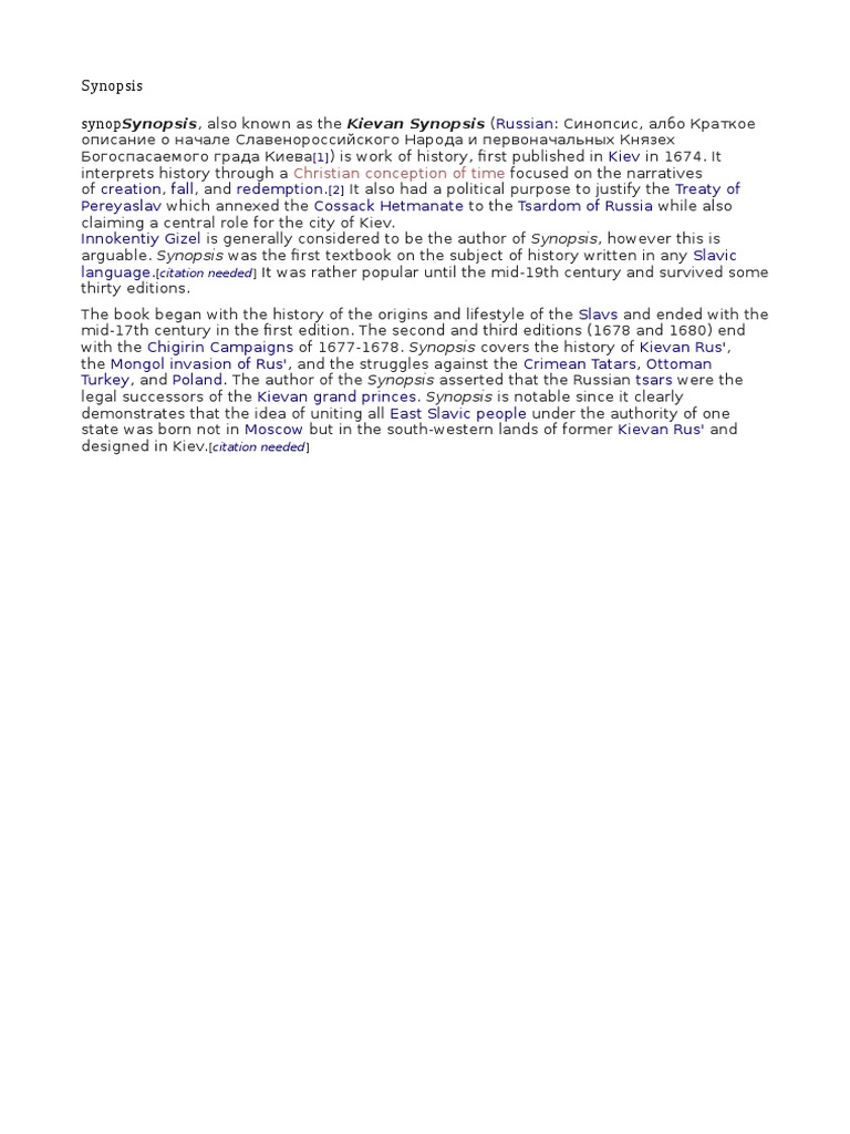 Synopsis Synop: Synopsis, Also Known As The Kievan Synopsis ( | PDF