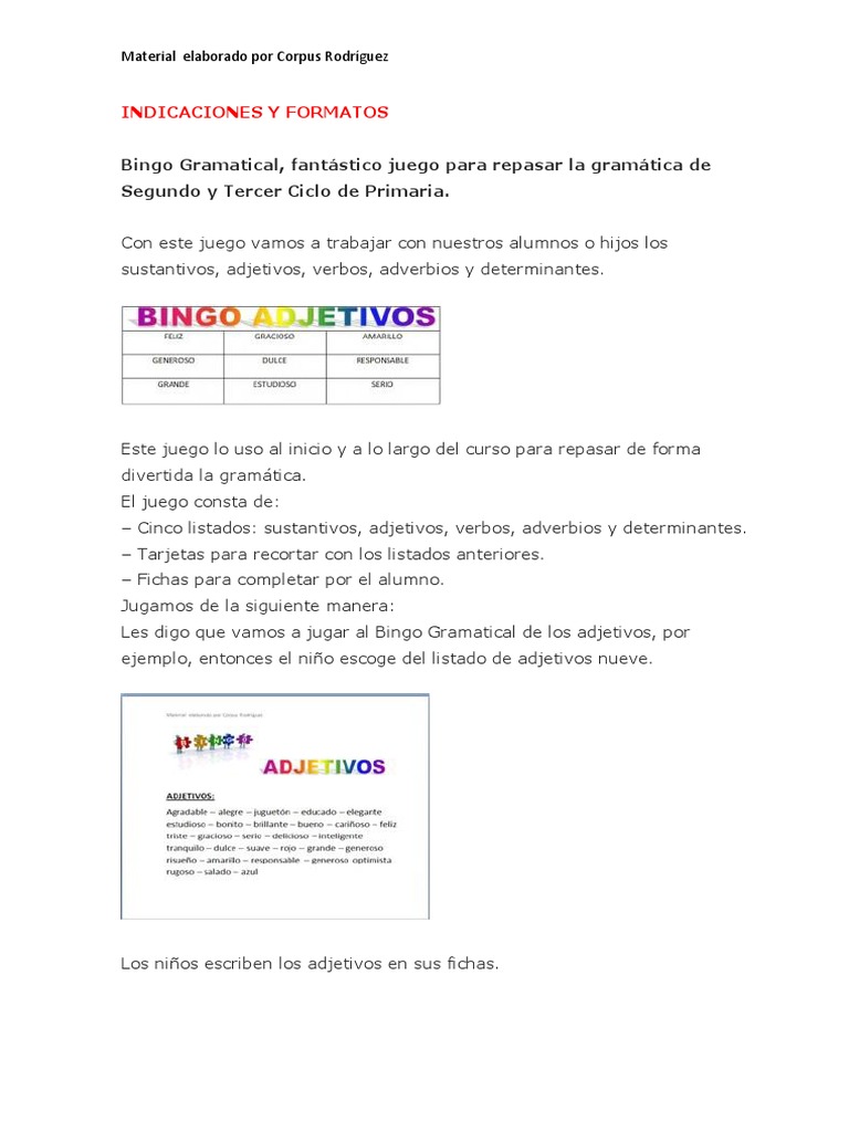 Bingo Gramatical para Primaria | PDF | Adjetivo | Lingüística