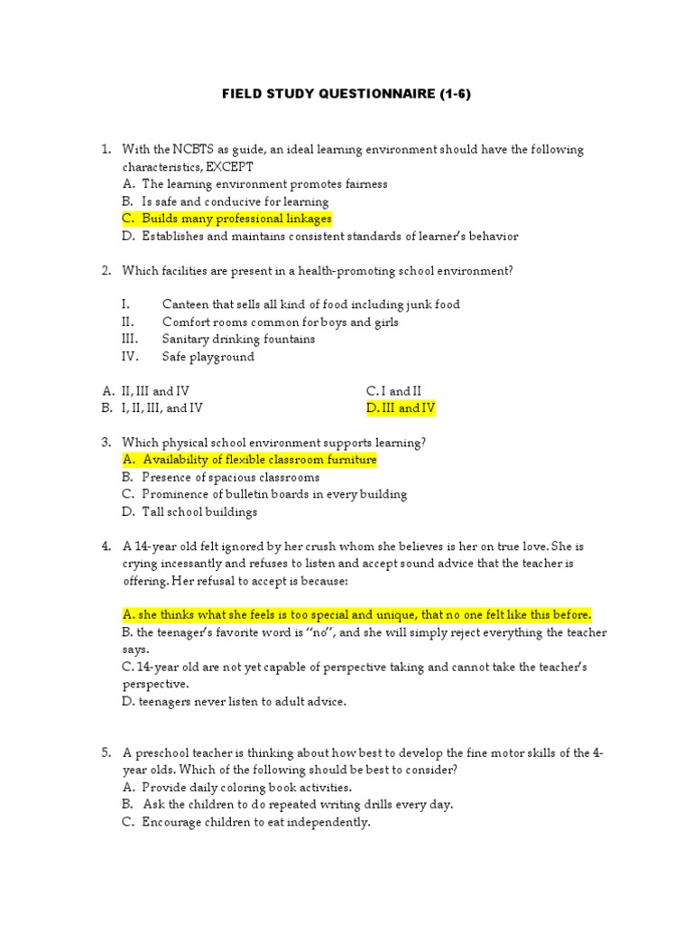 FIELD STUDY QUESTIONNAIRE (1-6 | PDF | Curriculum | Educational Assessment