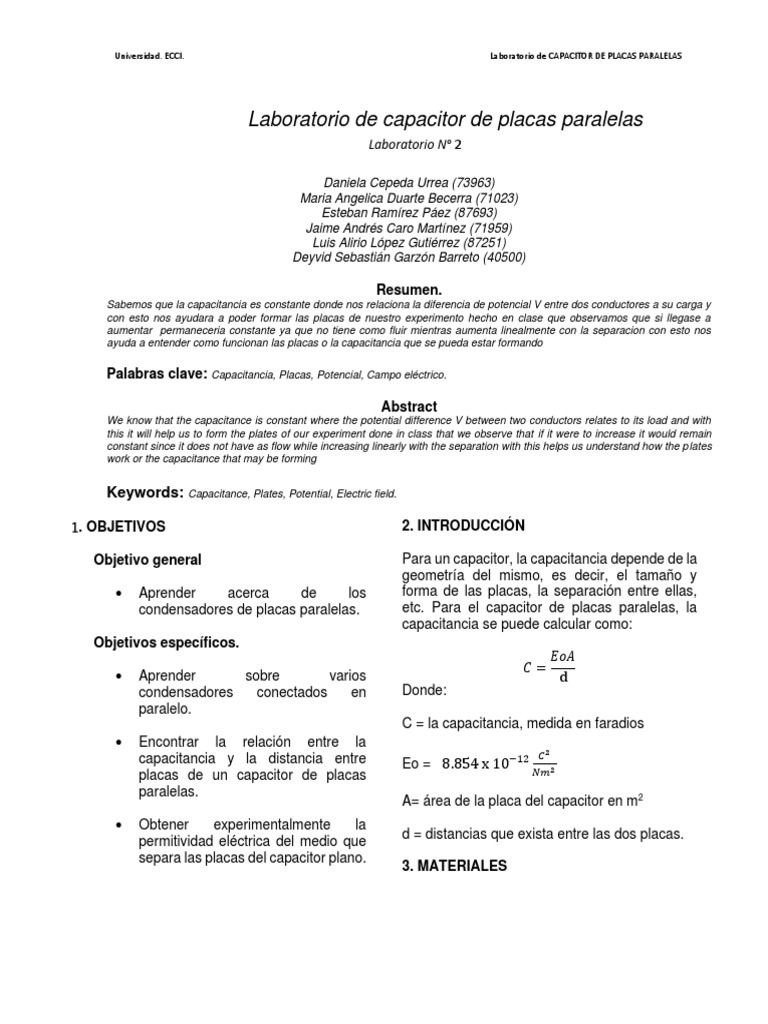 Laboratorio Capacitor de Placas Paralelas | PDF | Almacen de energia | Condensador