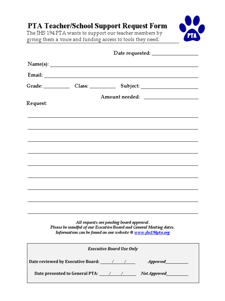 PTA Teacher Support Request Form | PDF | Business | Finance & Money ...