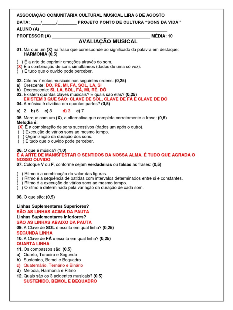 Avaliação musical sobre os fundamentos teóricos da música | PDF ...