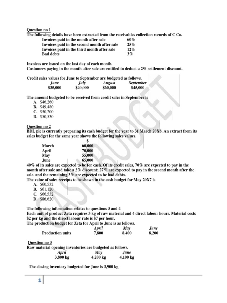 Cash Budget Mcqs | PDF | Invoice | Receipt