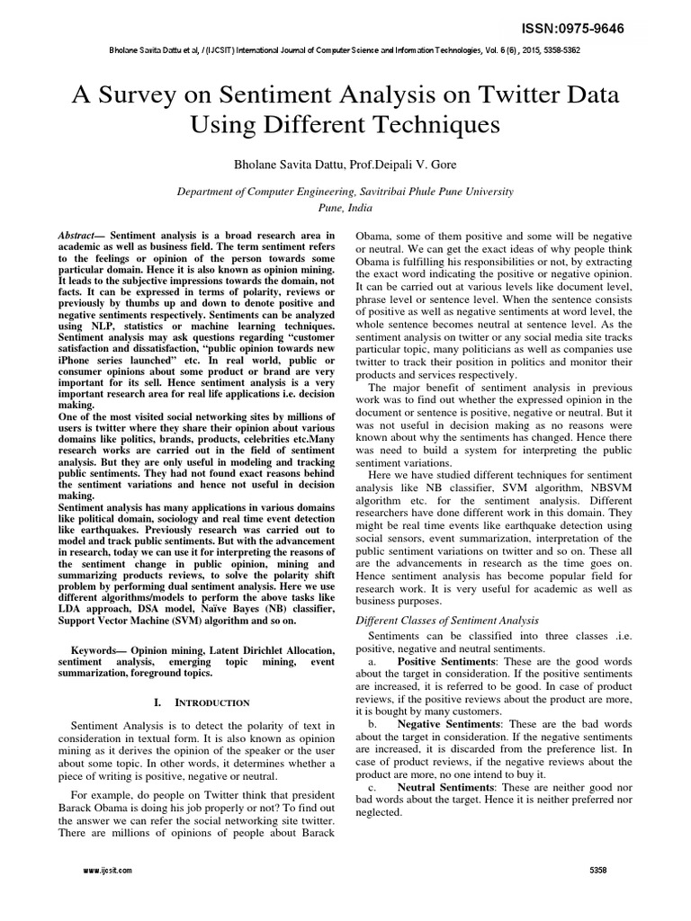A Survey On Sentiment Analysis On Twitter Data Using Different Techniques | PDF | Statistical ...