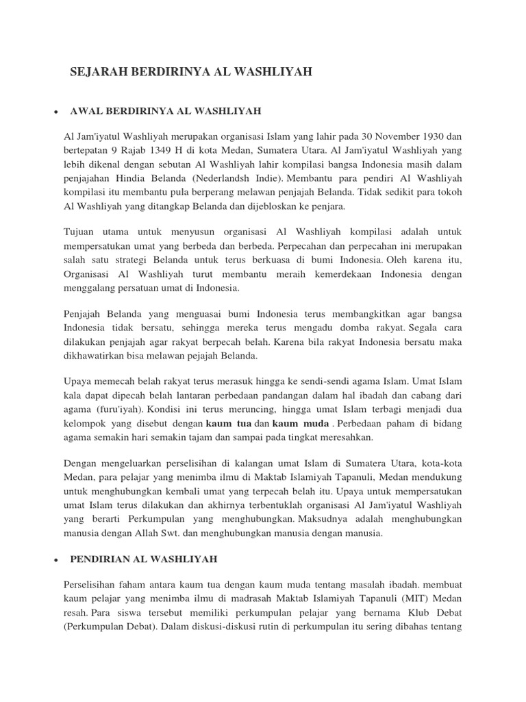Sejarah Berdirinya Al Washliyah | PDF