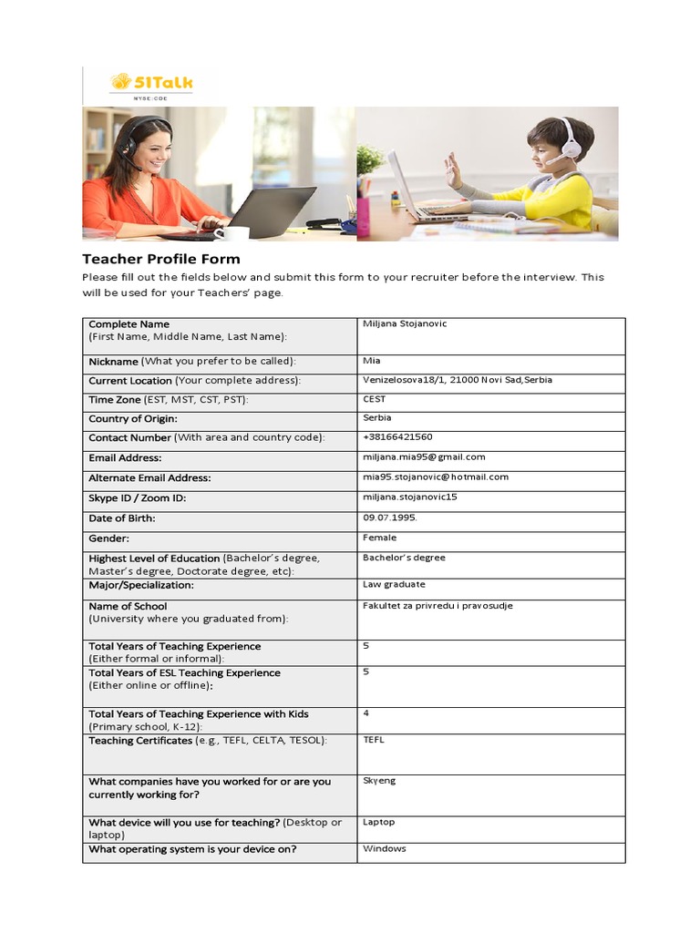 2019 Teacher Profile Form | PDF