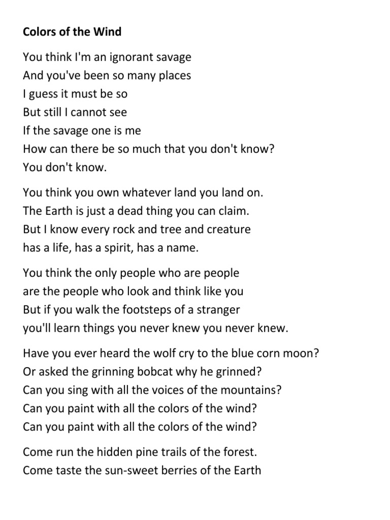 Colors of The Wind Lyrics Listening Activity. | PDF | Nature