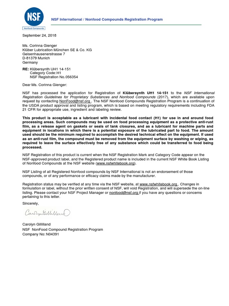 NSF International / Nonfood Compounds Registration Program | PDF