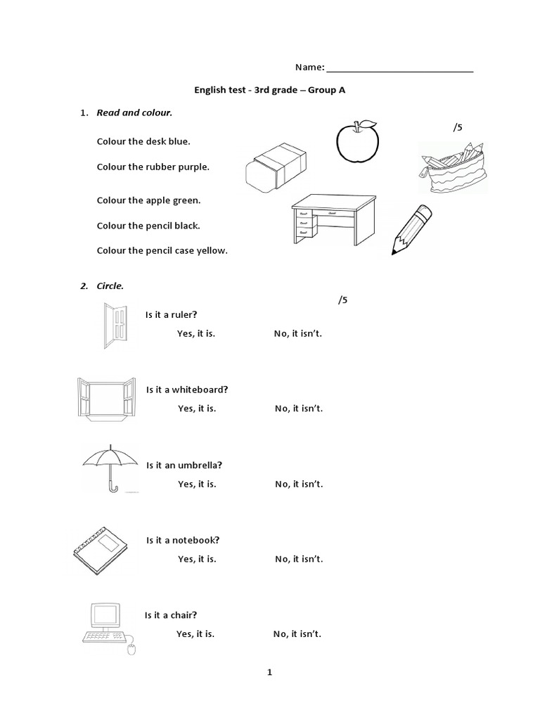 Test A Colours Numbers Classroom Objects | PDF