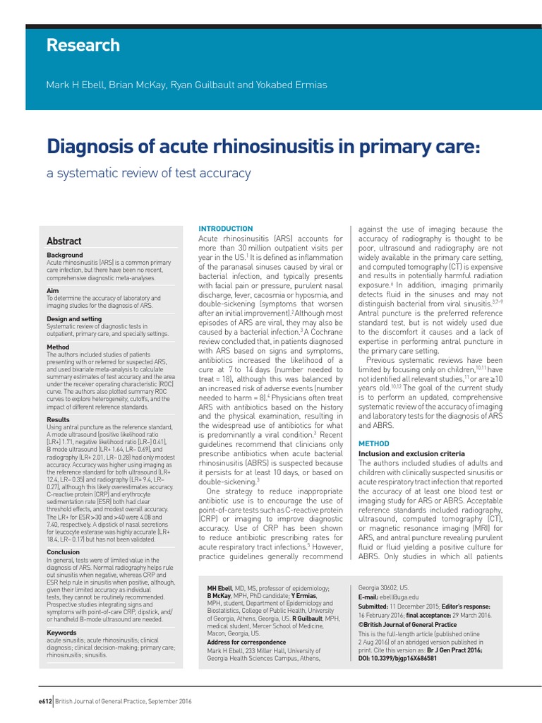 Diagnosis of Acute Rhinosinusitis in Primary Care:: Research | PDF ...
