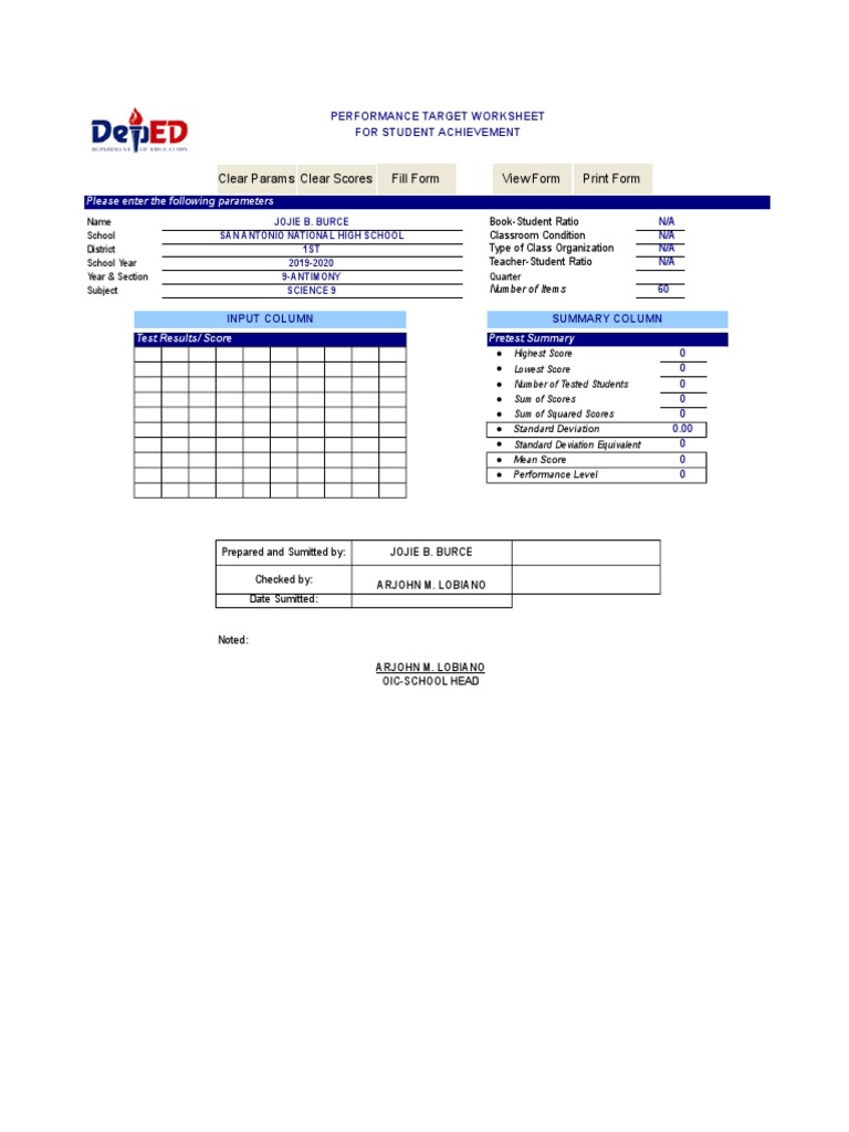 Clear Params Clear Scores Fill Form Print Form View Form: Performance Target Worksheet For ...
