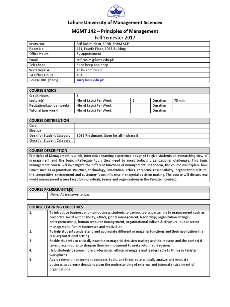 Lahore University of Management Sciences MGMT 142 - Principles of Management | PDF | Goal | Reason