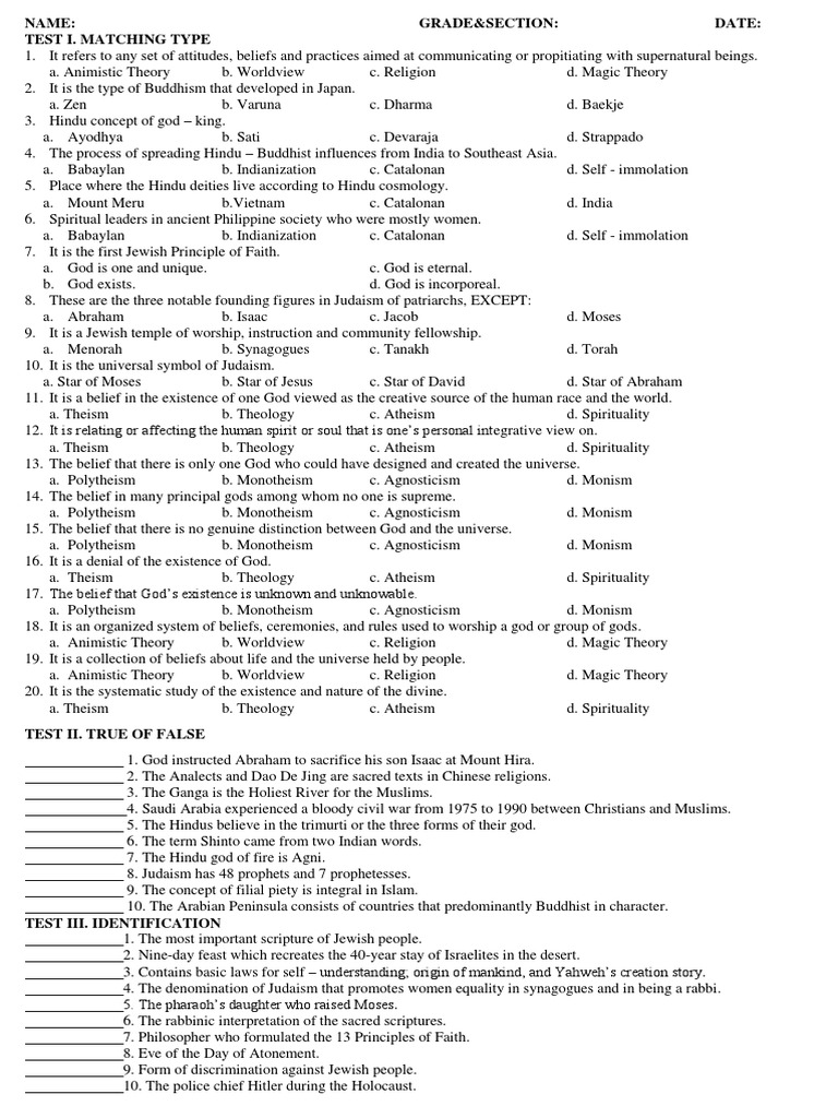 Summative Test in World Religion | PDF | Religion & Spirituality