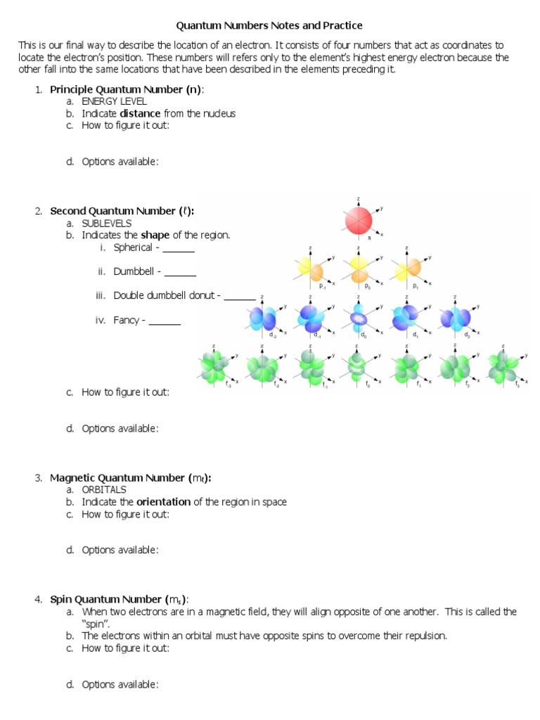 Worksheet On Quantum Numbers | PDF | Atomic Orbital | Spin (Physics)