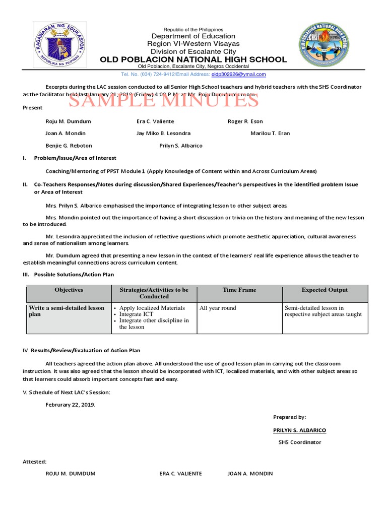 Sample LAC Minutes and Attendance | PDF | Teachers | Curriculum