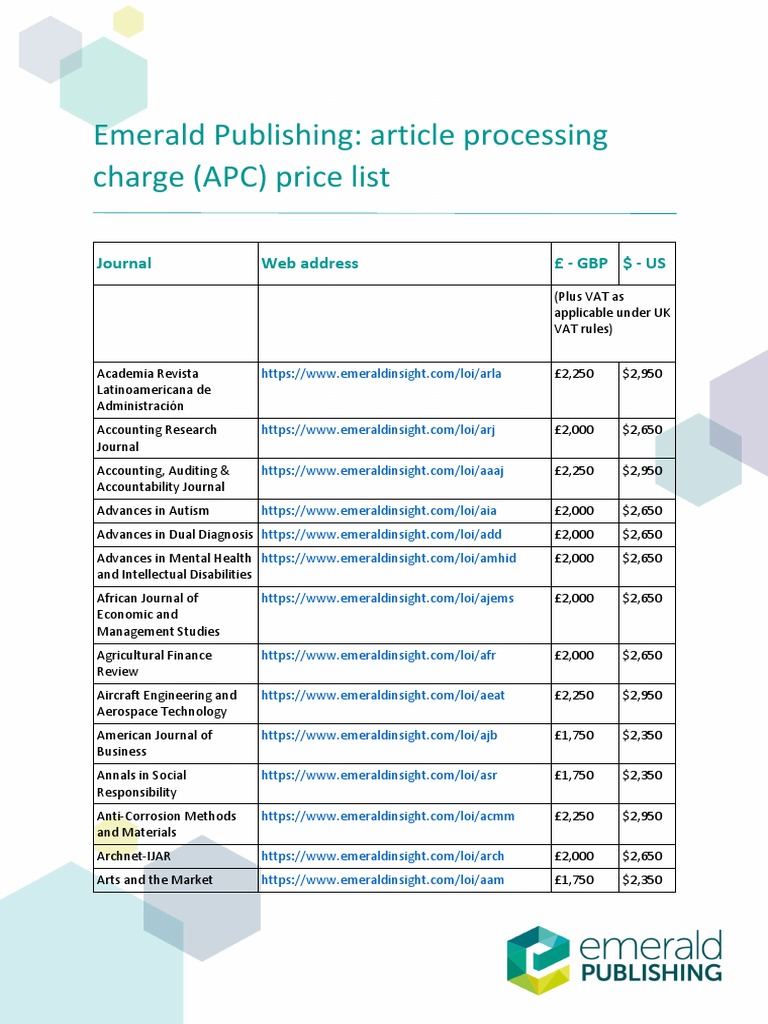 Emerald Publishing: Article Processing Charge (APC) Price List | PDF | Health Care ...