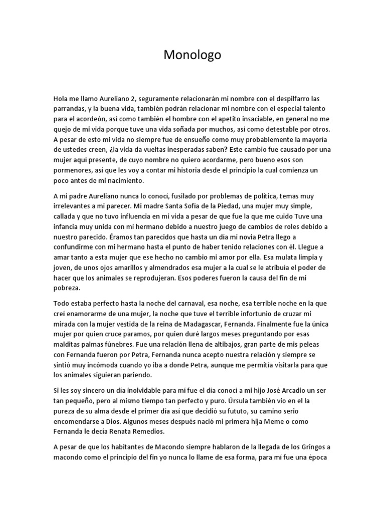Monologo Aureliano Segundo Cien Años de Soledad | PDF