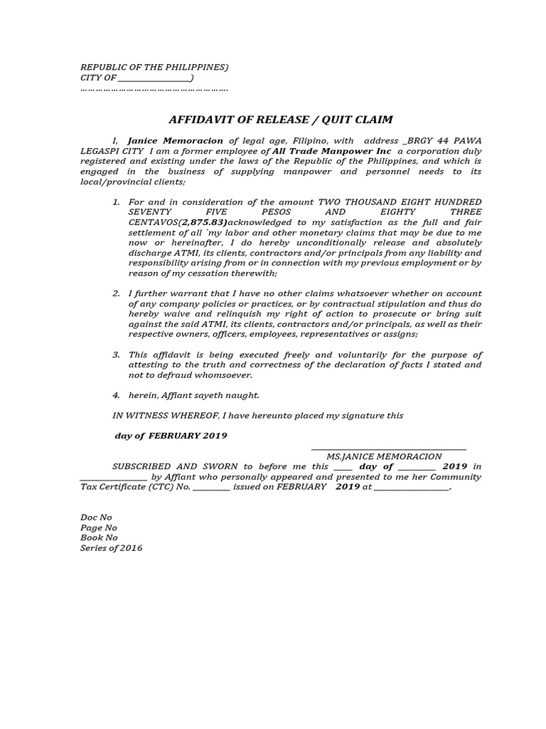 Affidavit of Release / Quit Claim | PDF