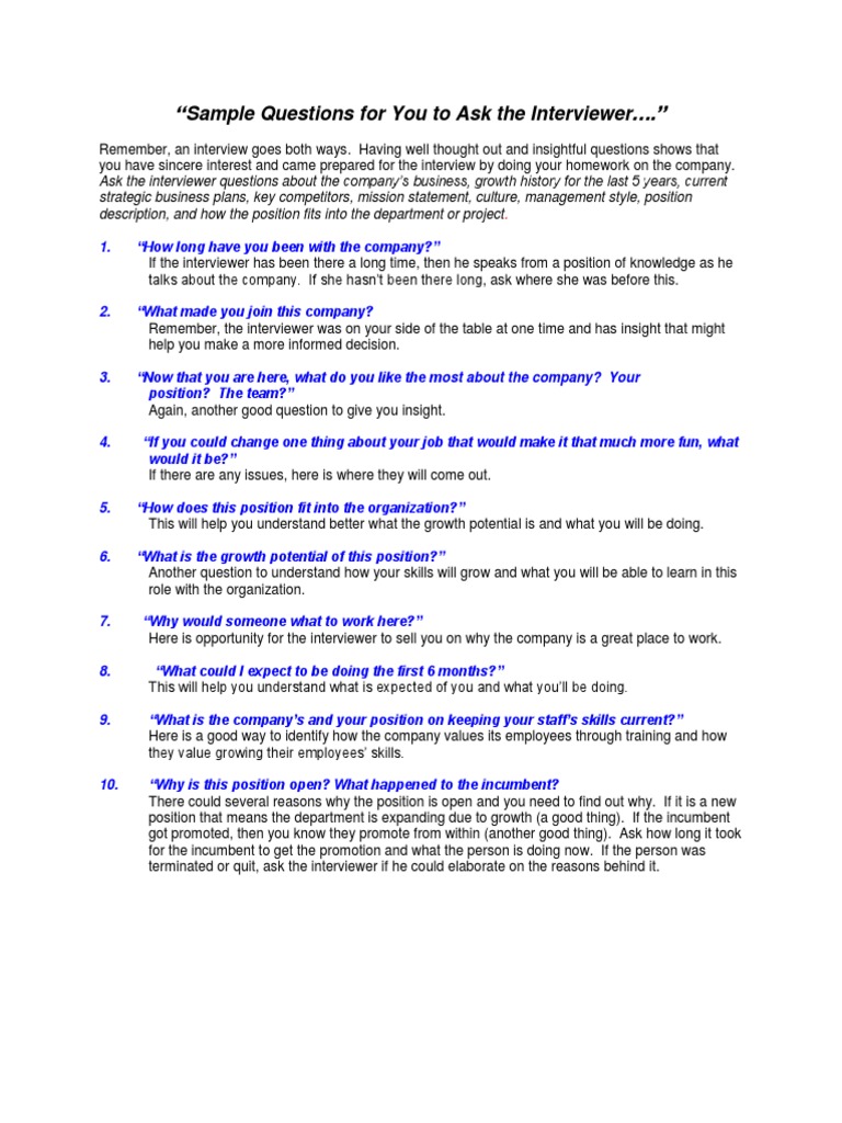 Sample Questions For You To Ask The Interviewer | PDF | Cognition ...