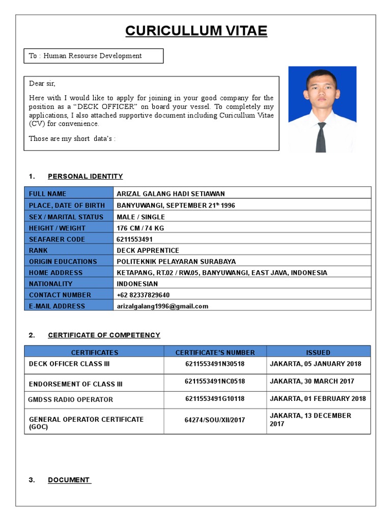 Curiculum Vitae For Seafarer | PDF | Watercraft | Ships