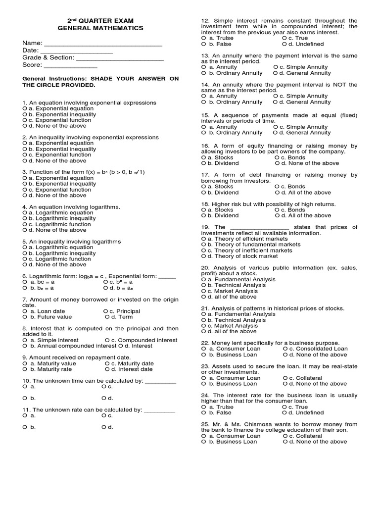 Grade 11 Gen Math 2nd Quarter Exam | PDF | Loans | Stock Market