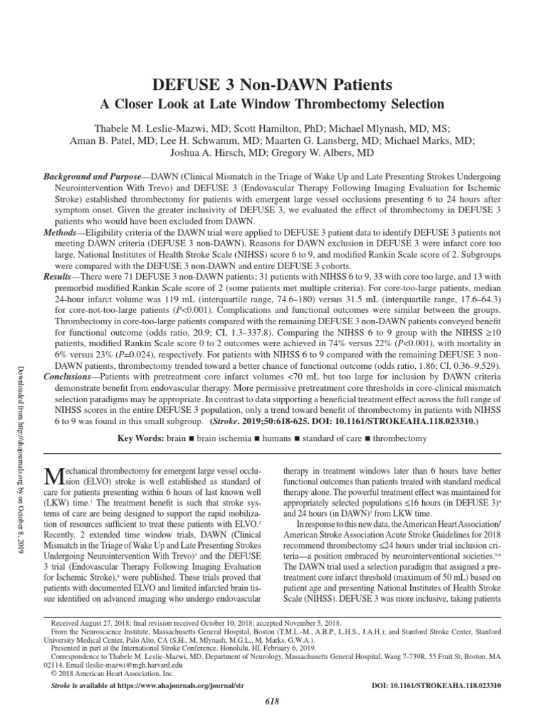 DEFUSE 3 Non-DAWN Patients: A Closer Look at Late Window Thrombectomy ...