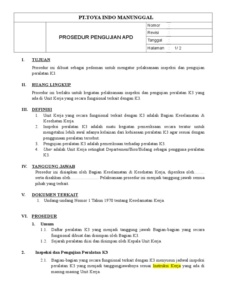 Prosedur Pengujian Dan Inspeksi Apd | PDF