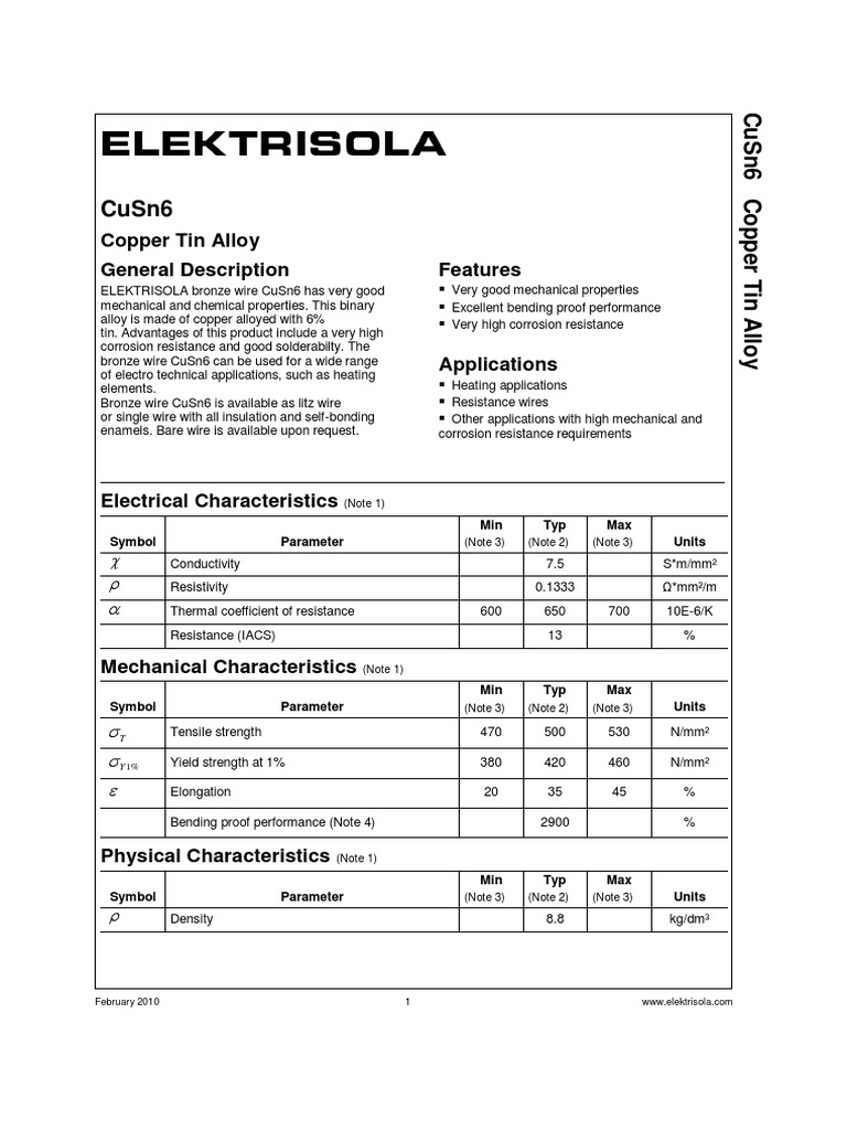 Cusn6: Copper Tin Alloy General Description Features | PDF | Bronze ...