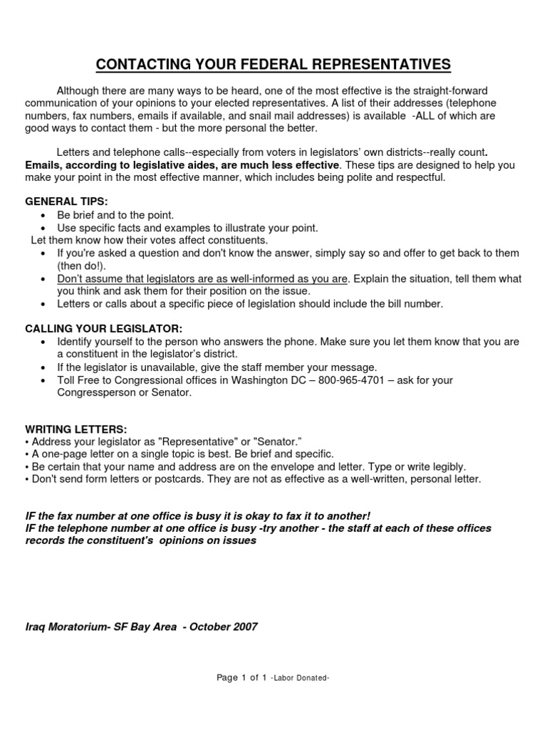 Contacting Your Federal Representatives | PDF | United States Congress ...