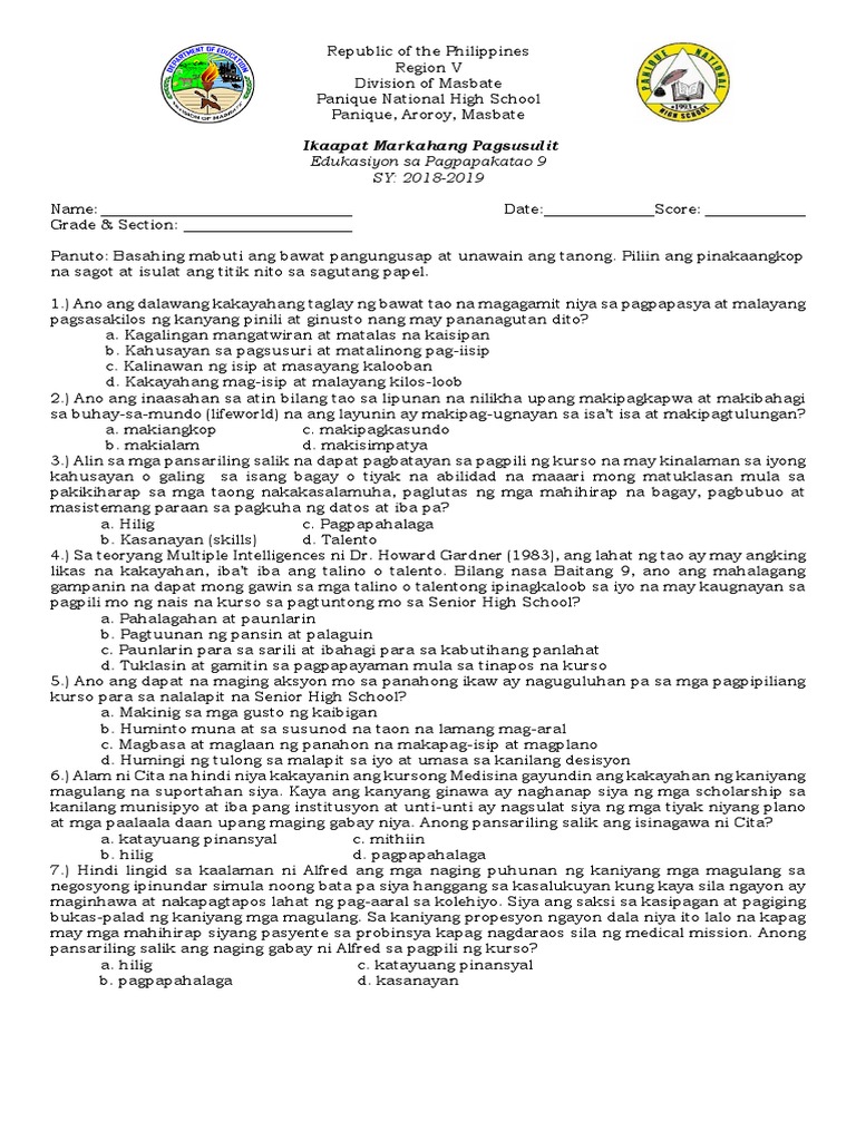 2018 4th Grading Period ESP | PDF