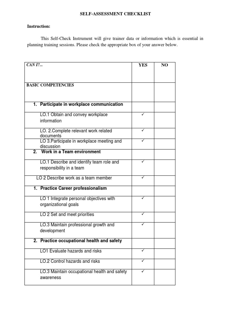 FORM 4.1 Self Assesment Check List | PDF | Occupational Safety And ...