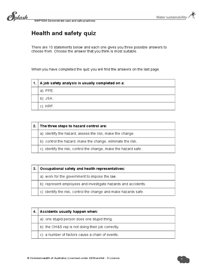 Health and Safety Quiz | PDF | Personal Protective Equipment | Public ...