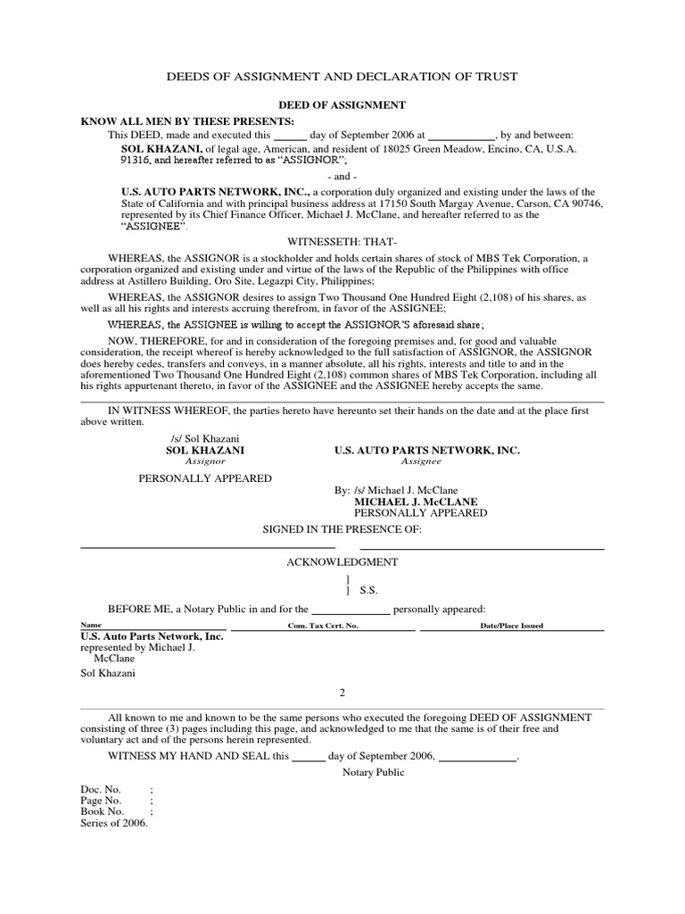 Deeds of Assignment and Declaration of Trust | PDF | Assignment (Law ...