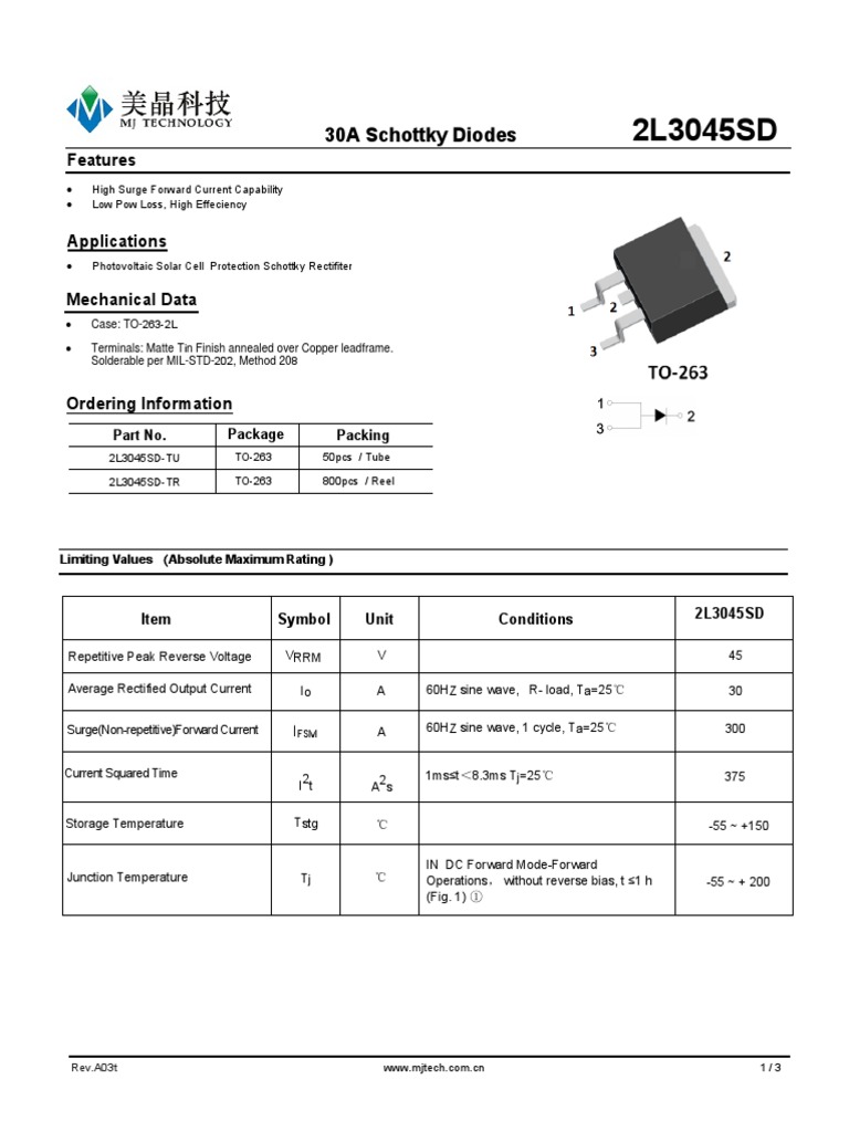 30A Schottky Diodes: Features | PDF | Rectifier | Diode