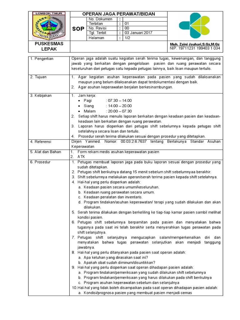Sop Operan Jaga Perawat & Bidan | PDF