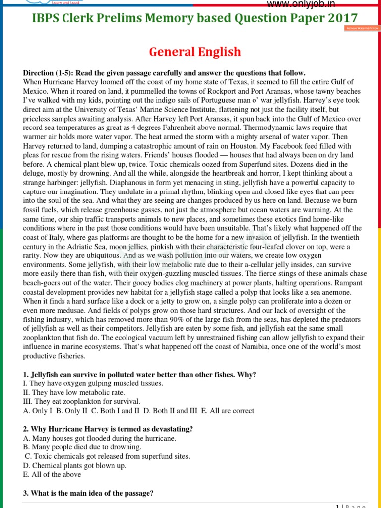 IBPS Clerk Prelim Memory Based Question Paper 2017 With Solution Part 2 ...