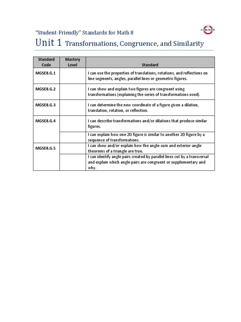 M8u1 Student-Friendly Standards | PDF